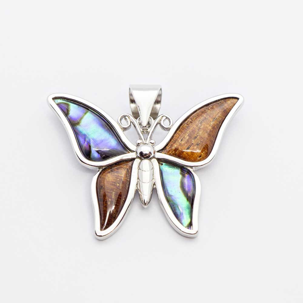 Koa Wood Abalone Butterfly Pendant (FREE Stainless Chain Included ...