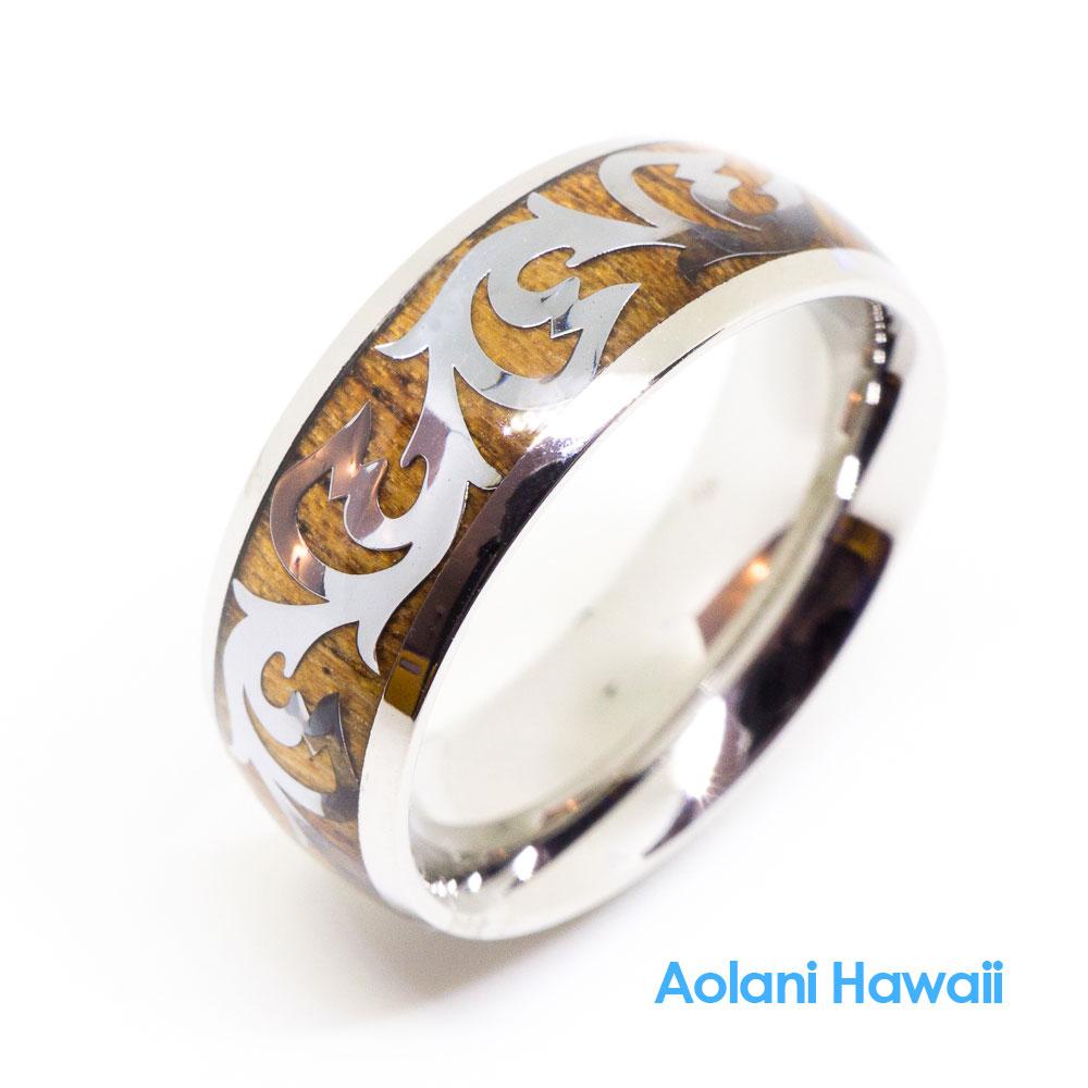Scroll Stainless Ring with Hawaiian Koa Wood (8mm width, Barrel Style ...