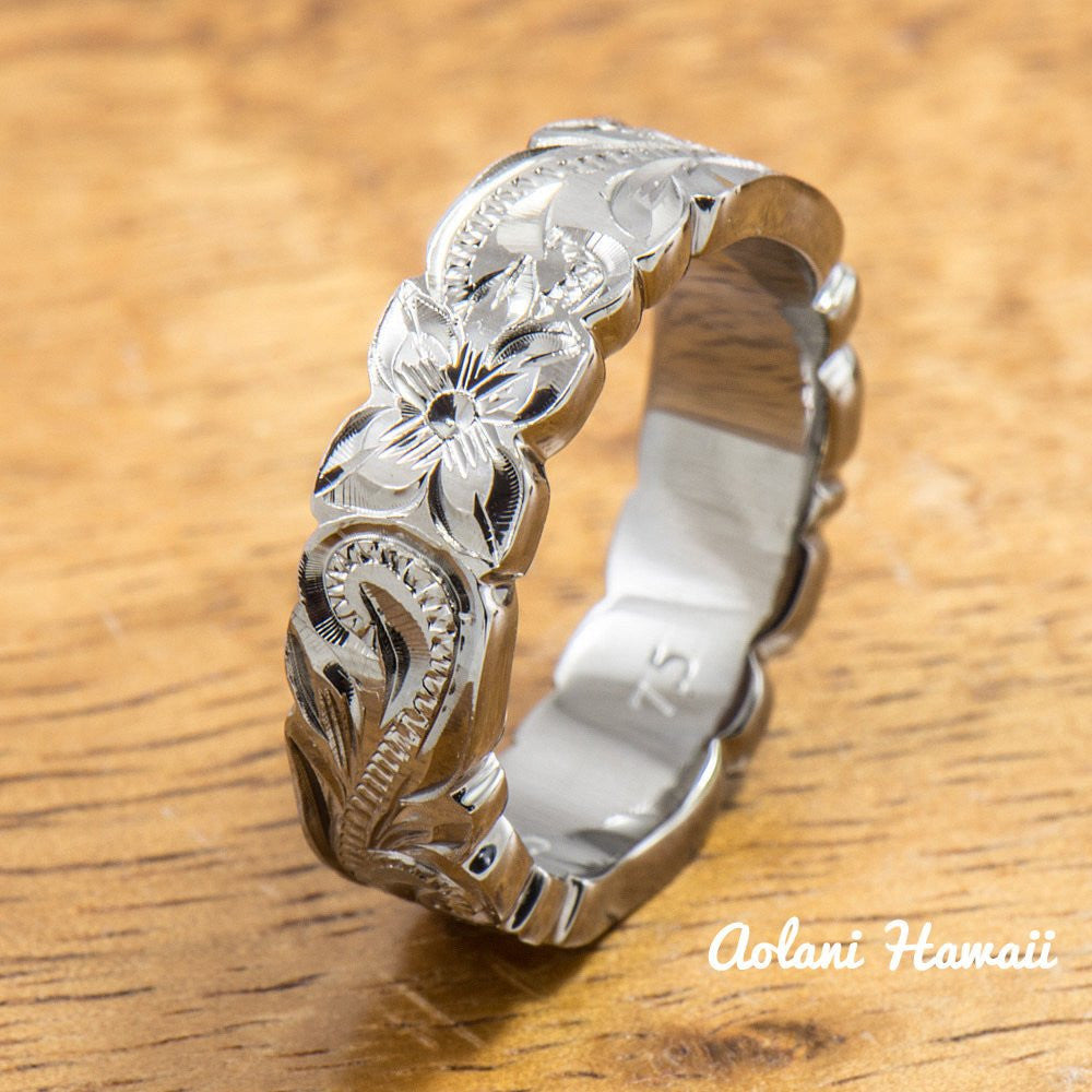 Set of Traditional Hawaiian Hand Engraved Sterling Silver Ring With Bl ...