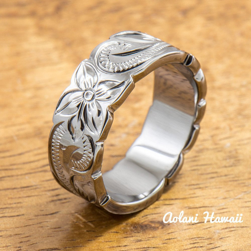 Set of Traditional Hawaiian Hand Engraved Sterling Silver Ring With Bl ...