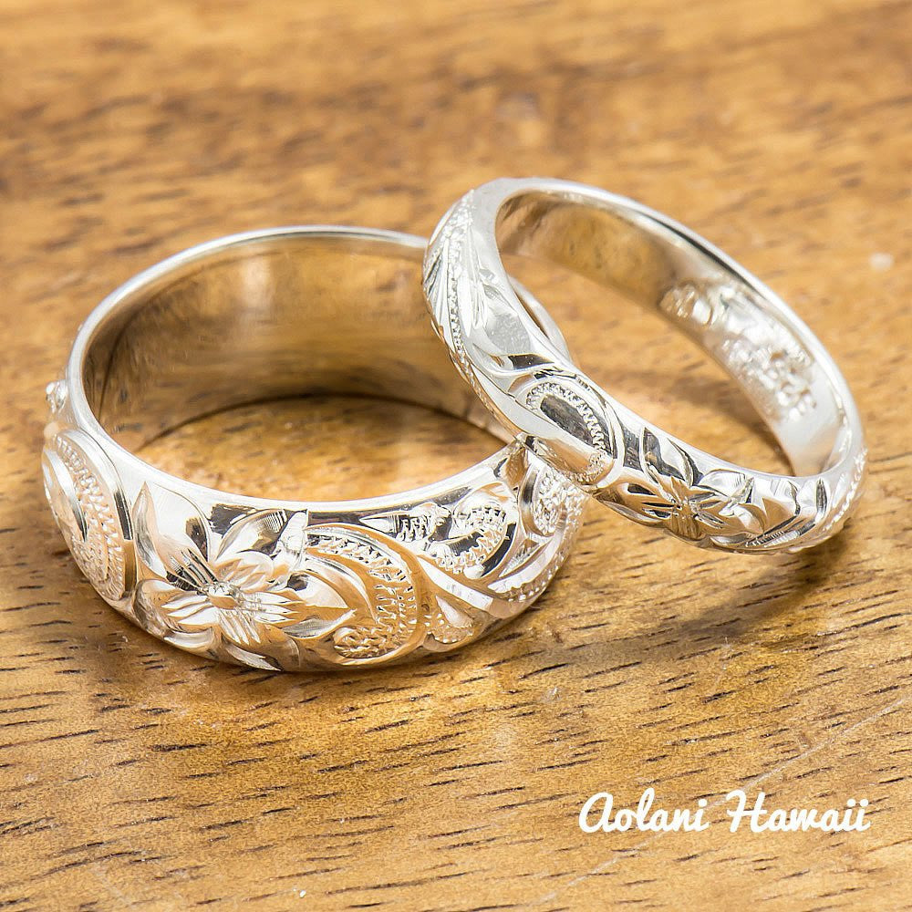 Sterling Silver Ring Set, Set of Traditional Hawaiian Hand Engraved St ...