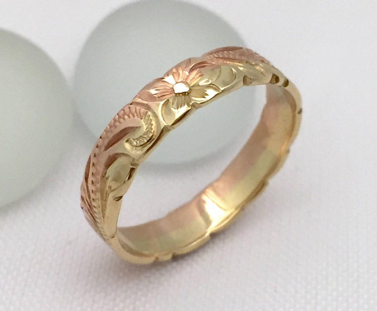 14K Gold Ring Traditional Hawaiian Hand Engraved (4mm Width, Flat Styl ...