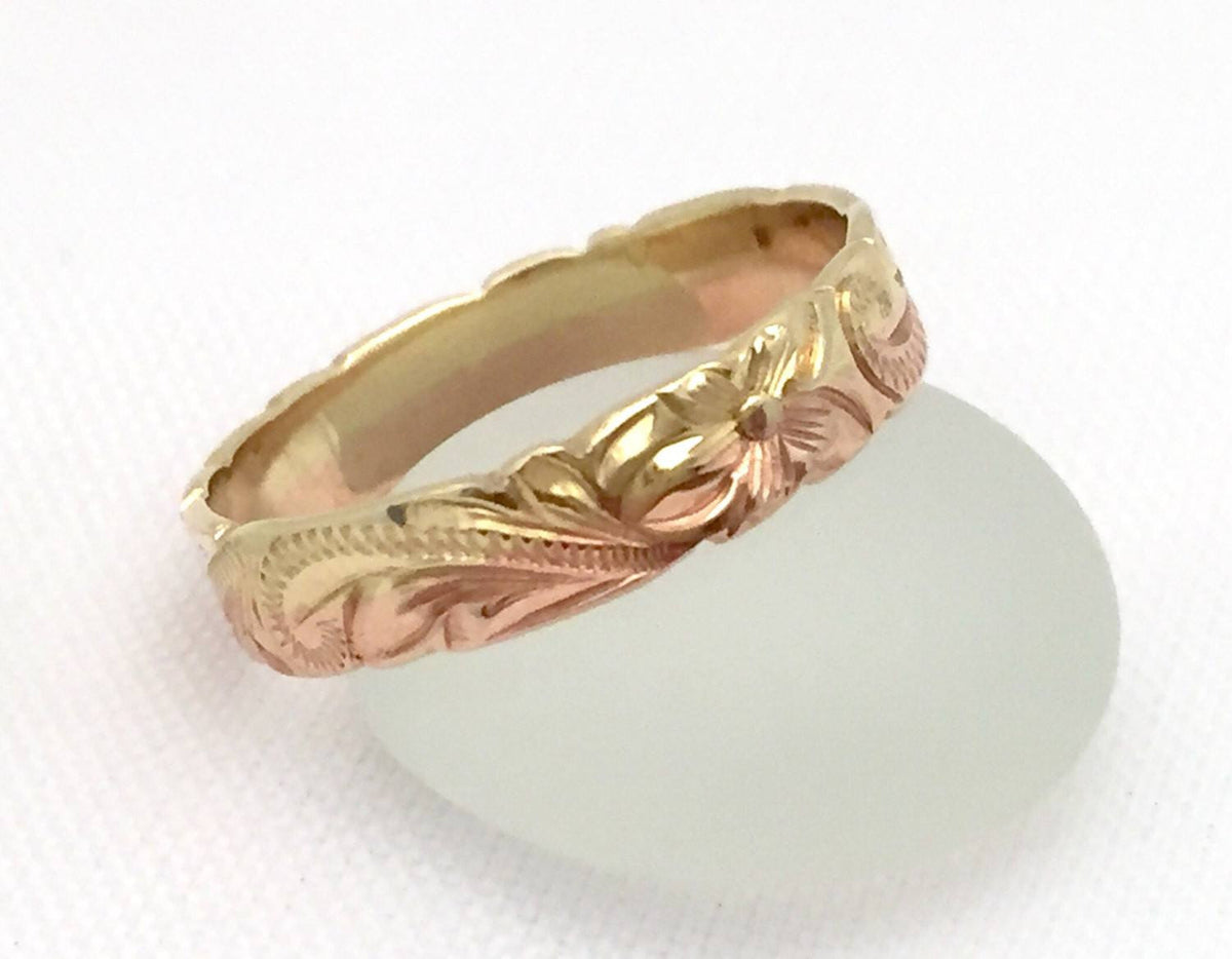 14K Gold Ring Traditional Hawaiian Hand Engraved (4mm Width, Flat Styl ...
