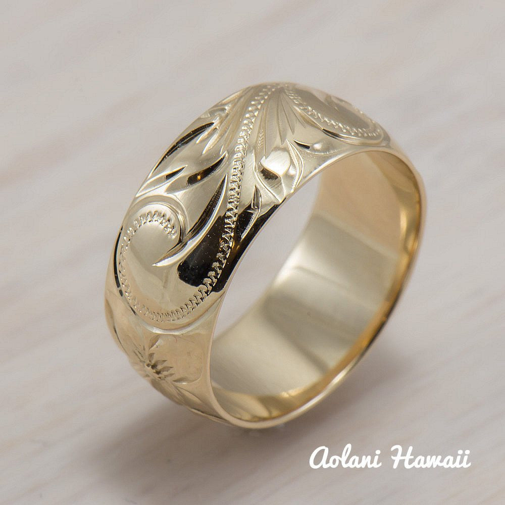 14K Gold traditional Hawaiian Hand Engraved Ring 8mm Width Barrel ...