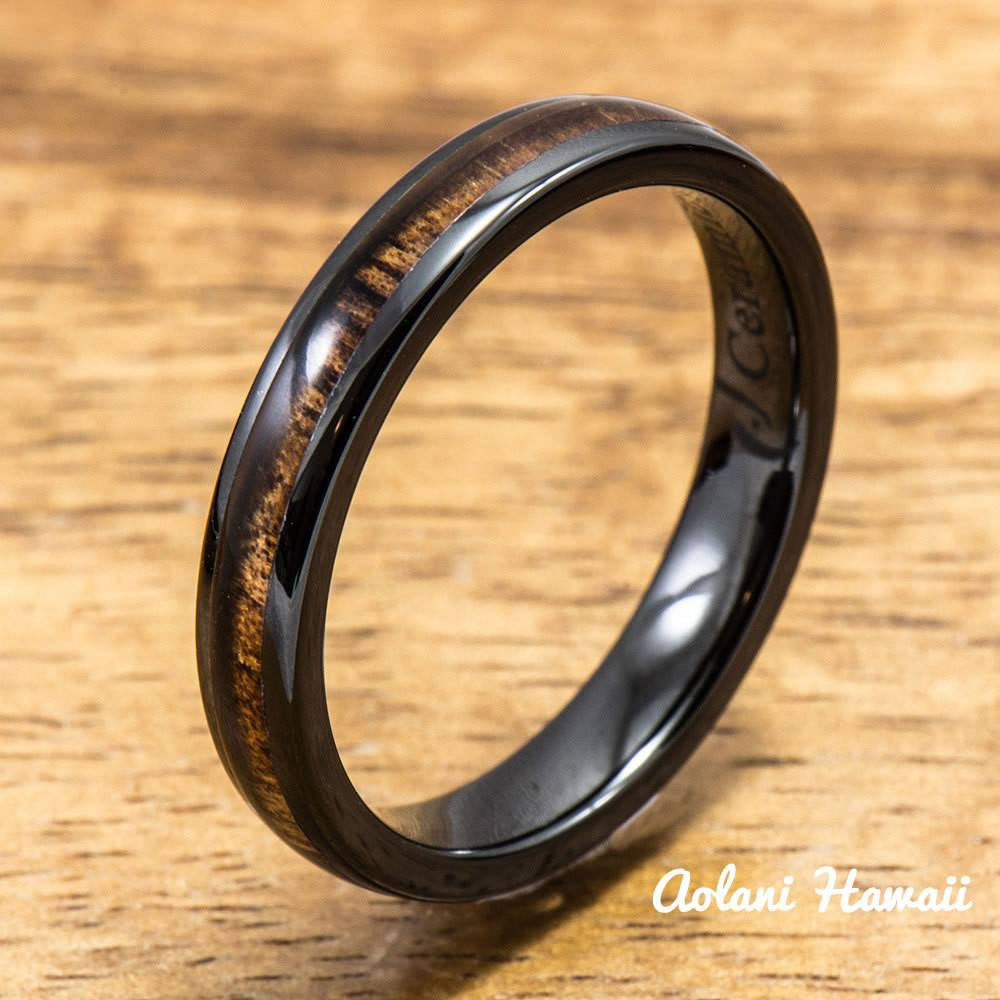Black Wedding Ring Set - Black Ceramic Ring with Koa Wood Inlay (4mm ...