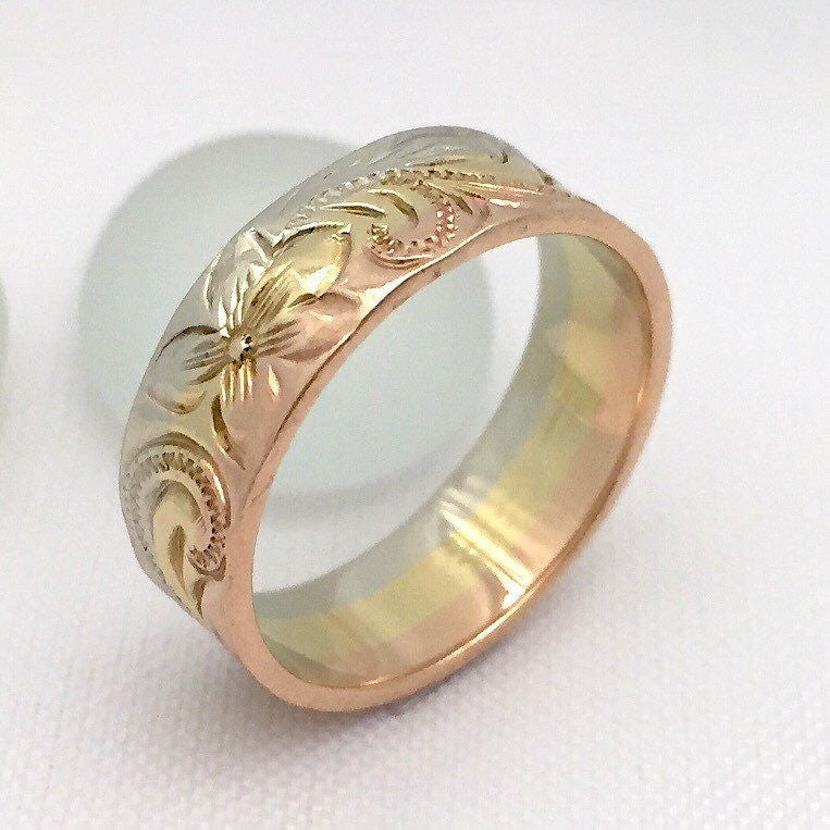 14K Gold Ring Traditional Hawaiian Hand Engraved (6mm Width, Flat Styl ...