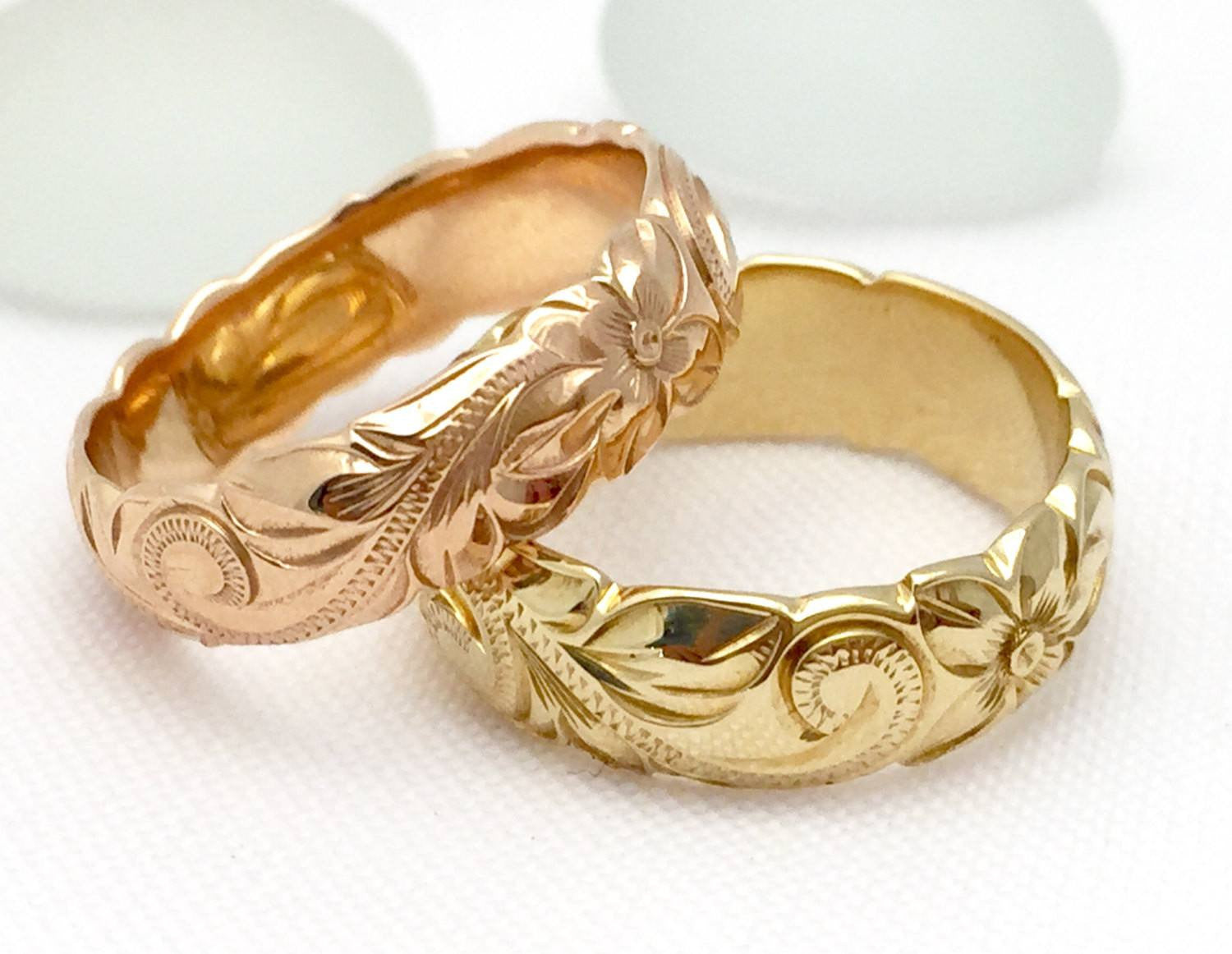 Hawaiian Ring - Hand Engraved 14k Gold Barrel Ring (6mm width, Barrel ...