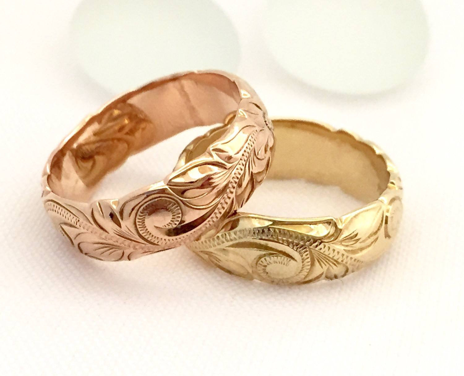 Hawaiian Ring - Hand Engraved 14k Gold Barrel Ring (6mm width, Barrel ...
