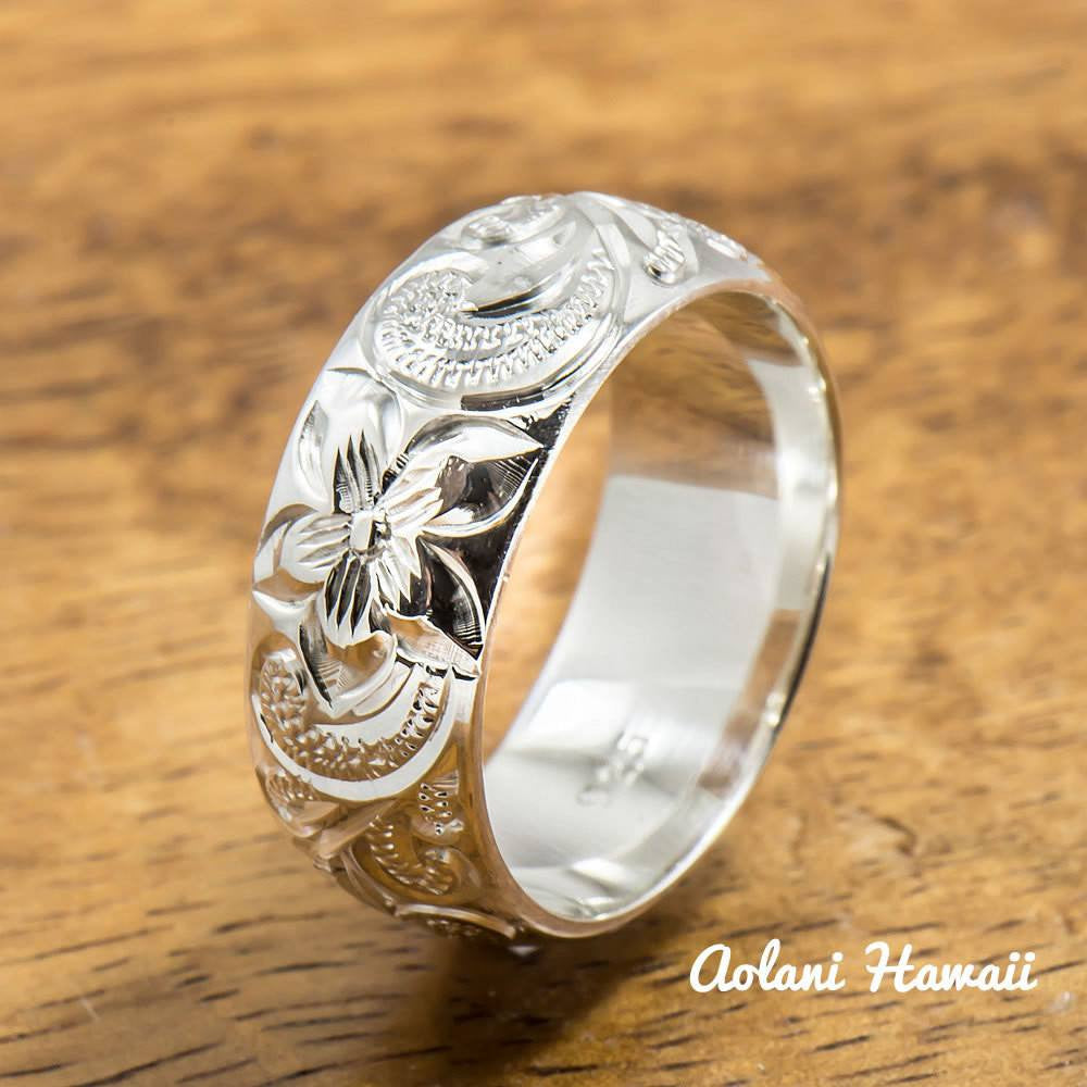 Hawaiian Ring - Hand Engraved Sterling Silver Barrel Ring (4mm - 10mm ...