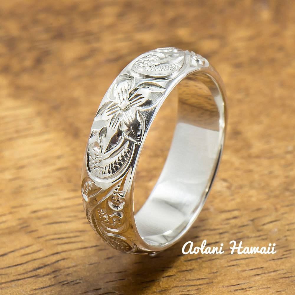 Hawaiian Ring - Hand Engraved Sterling Silver Barrel Ring (4mm - 10mm ...