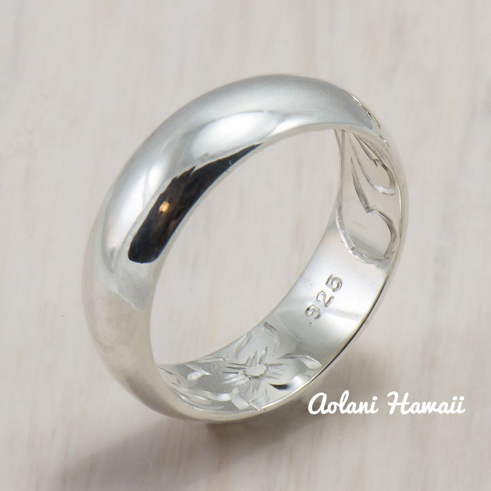 Hawaiian Ring - Hand Engraved Sterling Silver Barrel Ring (4mm - 8mm w ...