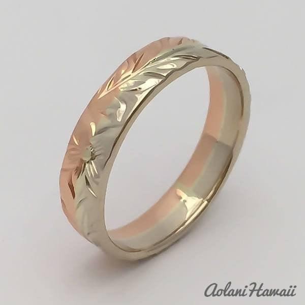 Traditional Hawaiian Hand Engraved 14k Gold Ring (4mm width, Flat Styl ...