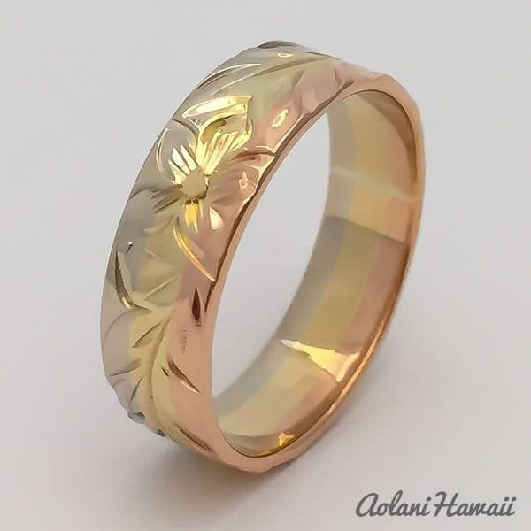 Traditional Hawaiian Hand Engraved 3 Tone 14k Gold Ring (Flat style ...