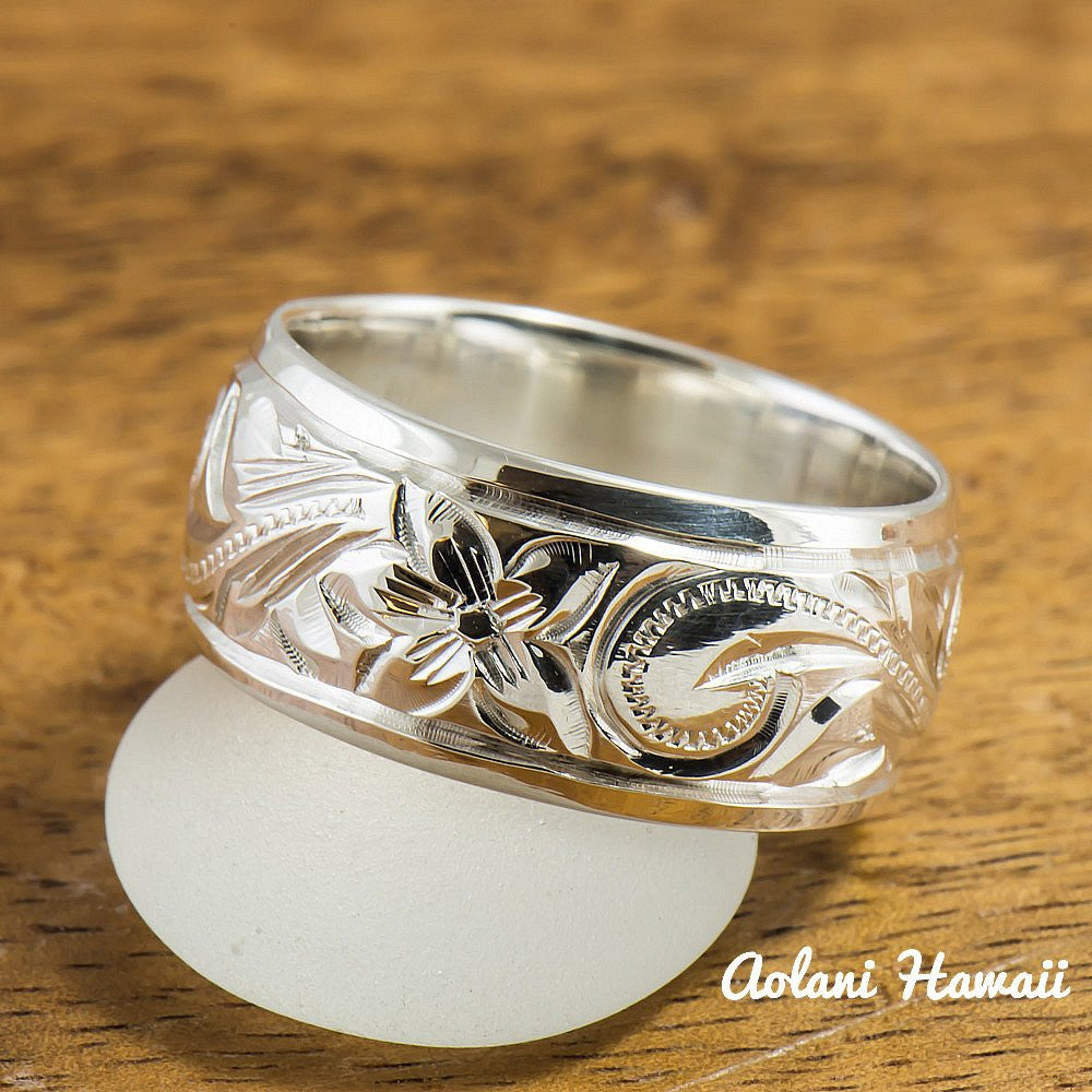 Traditional Hawaiian Hand Engraved Sterling Edge Silver Ring (8mm widt ...