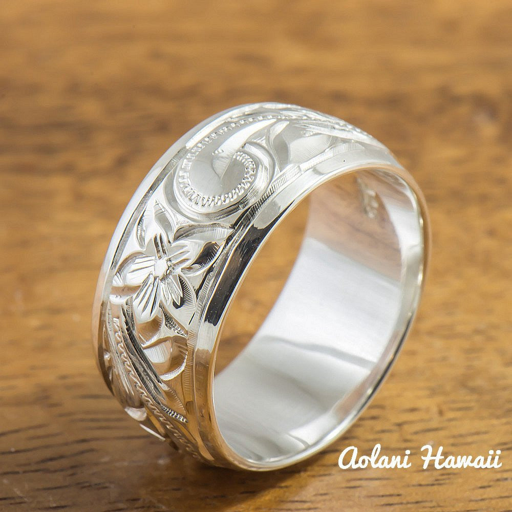 Traditional Hawaiian Hand Engraved Sterling Edge Silver Ring (8mm widt ...