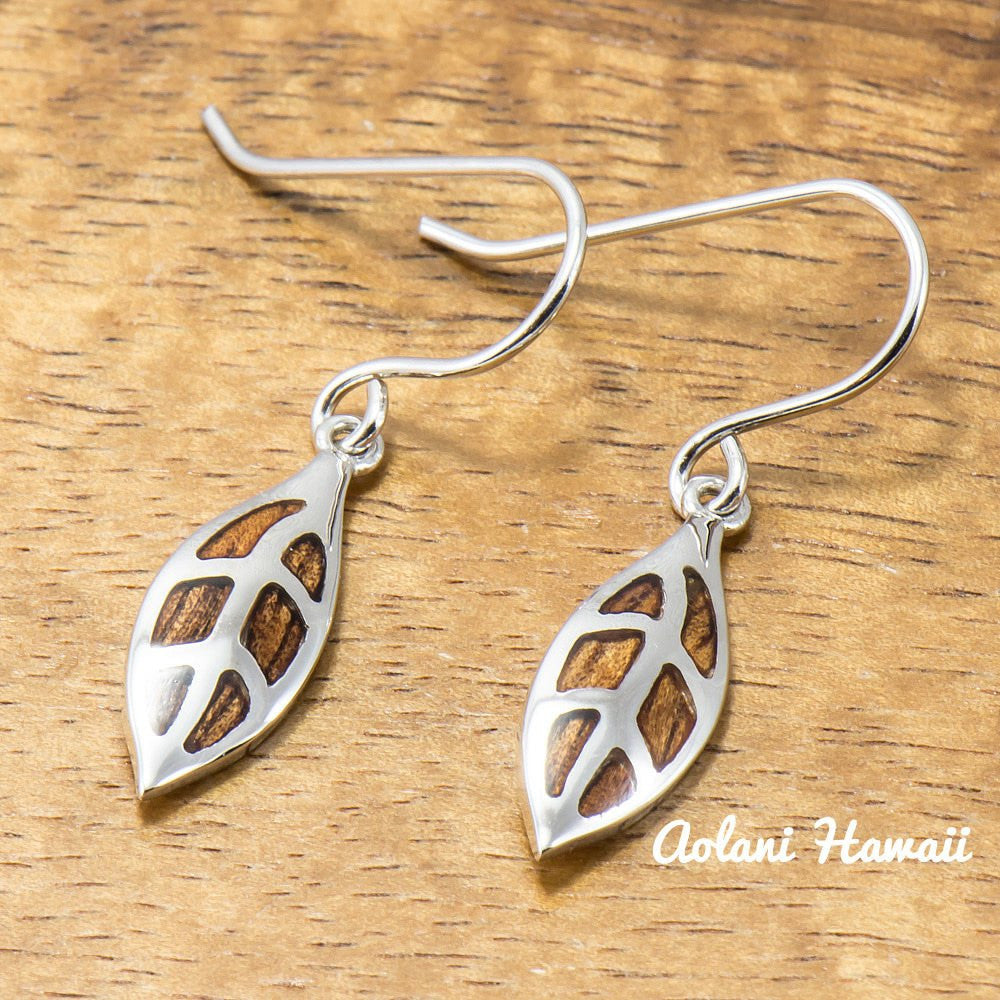 Sterling Silver Maile Leaf Earring Pierce with Hawaiian Koa Wood Inlay ...
