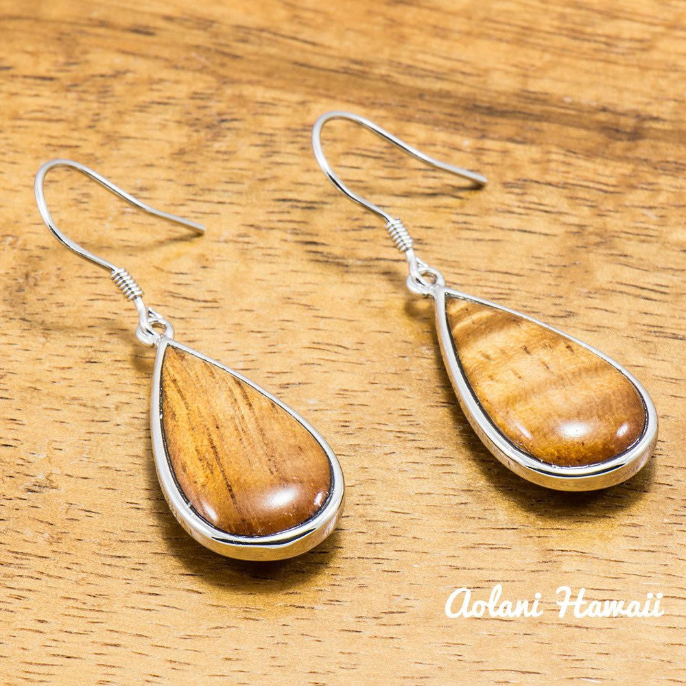 Sterling Silver Pierce Earring with Raindrop and Hawaiian Koa Wood Inl ...
